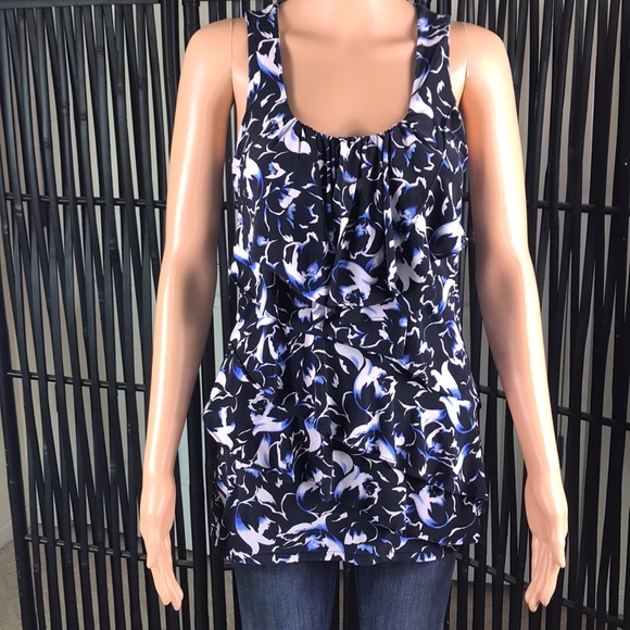 White House Black Market | Tops | Whbm Black Blue Floral Front Ruffle ...